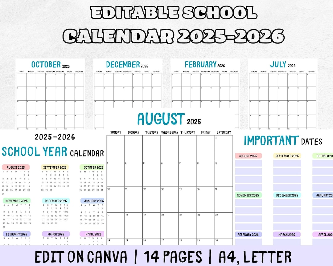 Editable School Calendar Bundle 2025 - 2026, Monthly Planner, Year at A ...