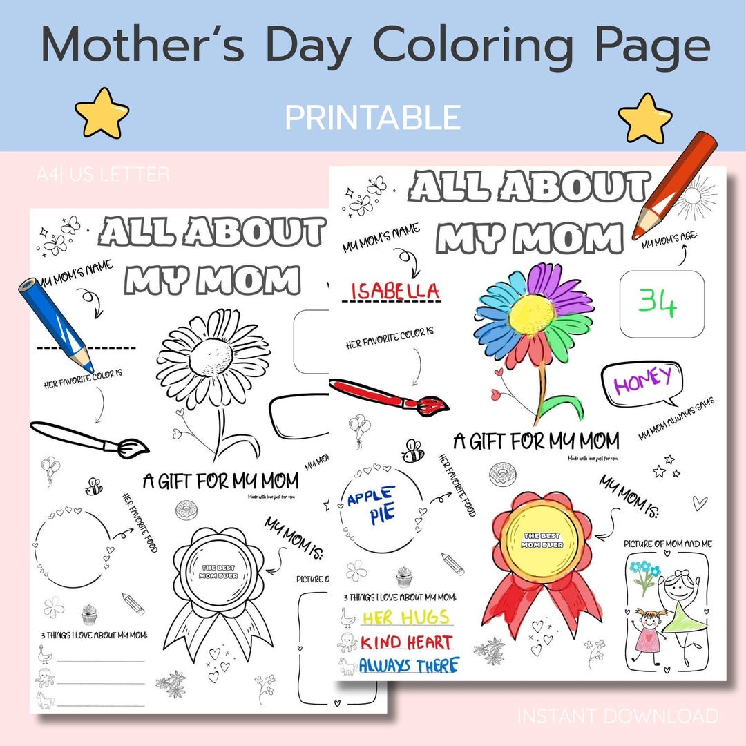 Mother's Day Printable Coloring Page, Instant Download, Fill in the ...