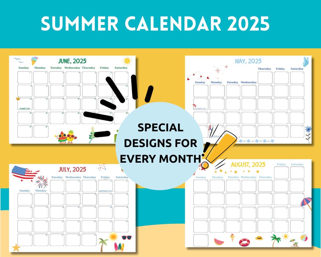 Summer Calendar 2025, Easy Cute Schedule for Kids, Printable Fun Summer ...