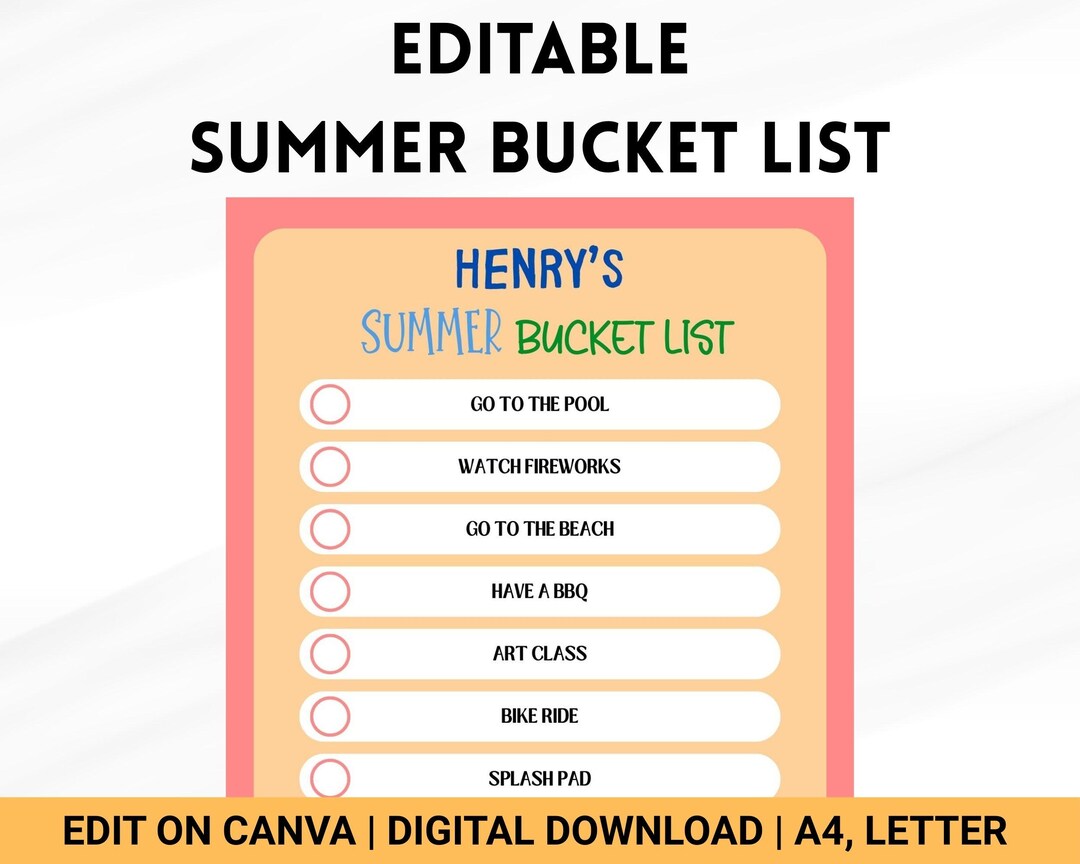 Editable Summer Bucket List for Kids, Printable Editable Summer Kids ...