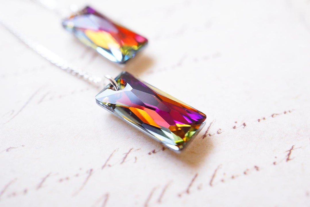 Silver, Swarovski Red Orange Rectangle Crystal Threader Earrings - Etsy