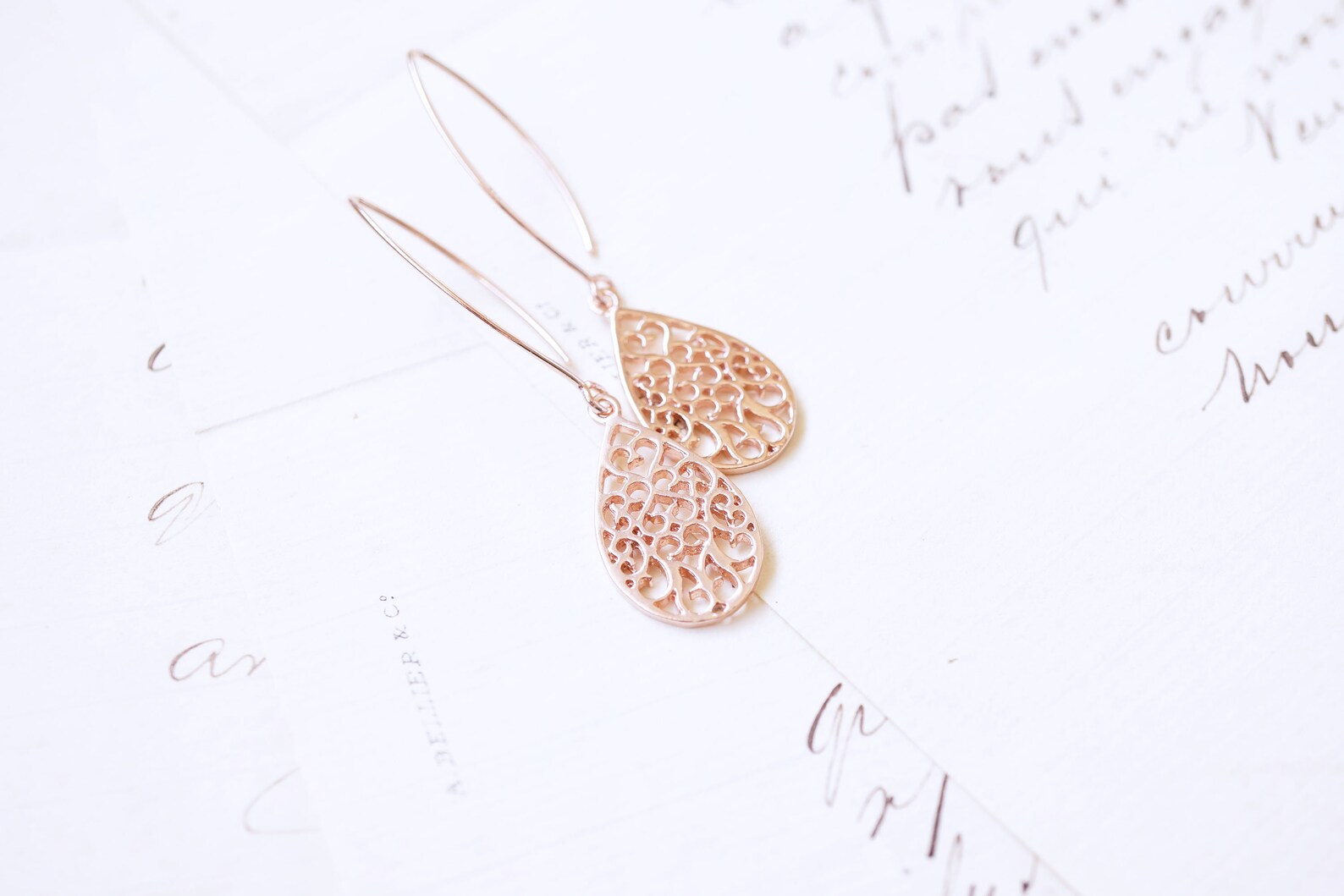 Long Rose Gold Filigree Teardrop Earrings - Etsy