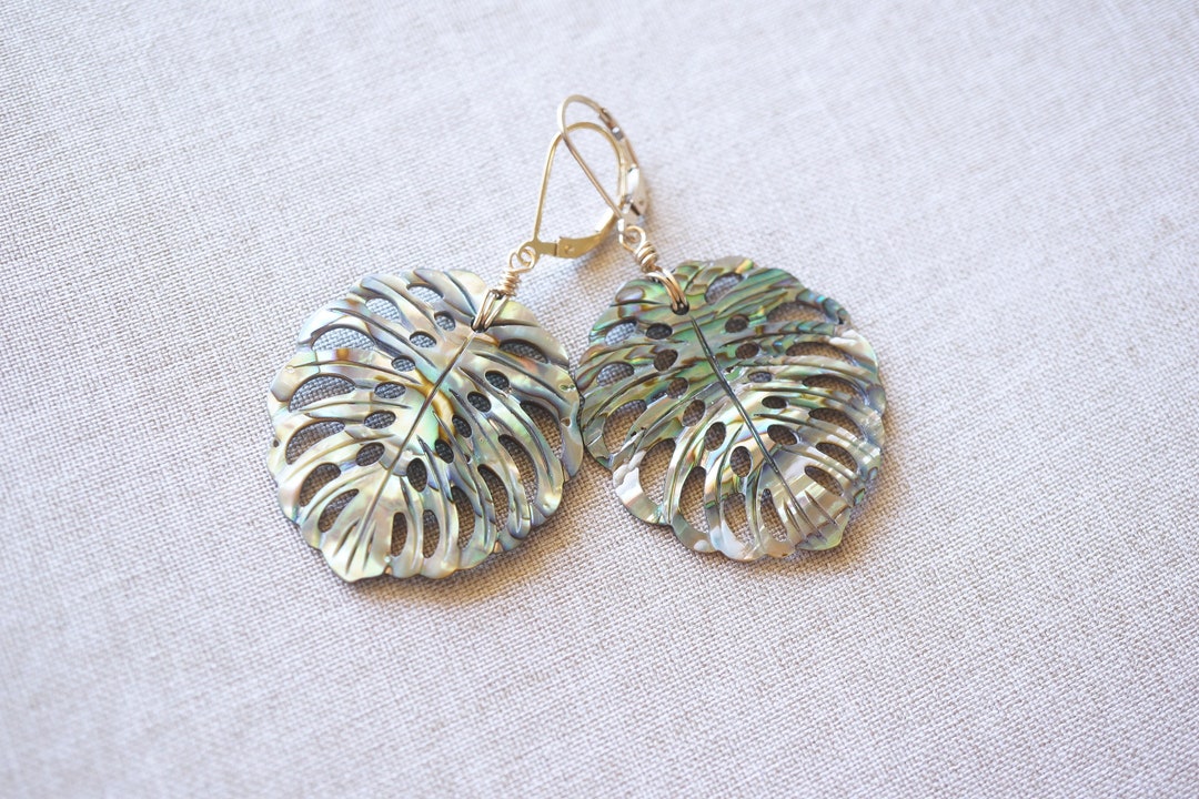 Abalone Monstera Leaf Earrings: Carved Natural Shell, Gold Filled - Etsy