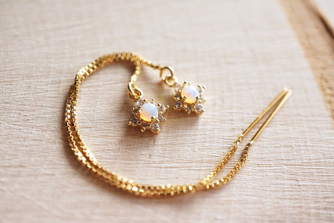 Gold Opal Crystal Threader Earrings, Cubic Zirconia, Gold Dangle ...
