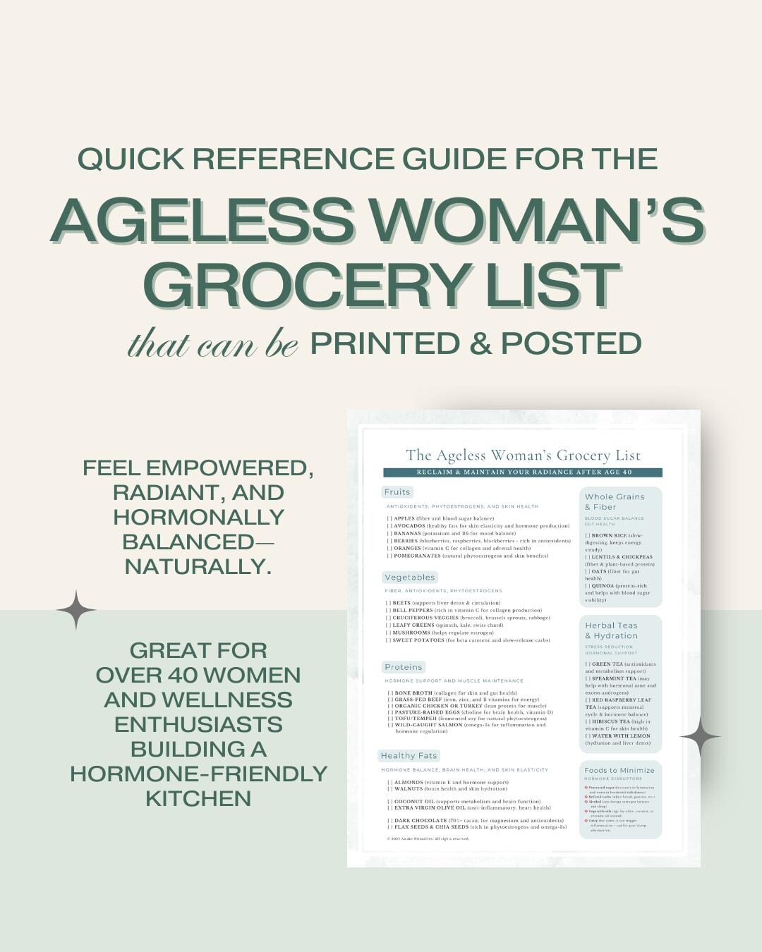 The Ageless Woman’s Grocery List | Printable Foods for Hormonal Balance ...