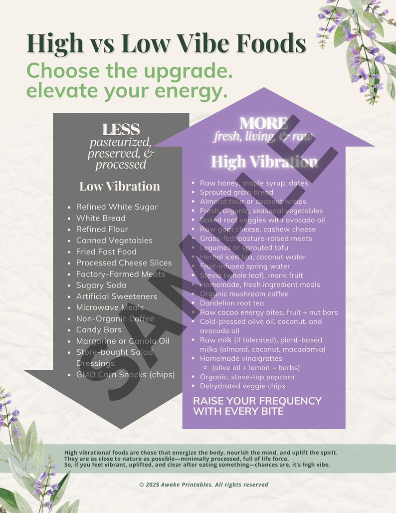 High Vs. Low Vibe Foods | Printable Wellness Chart for Elevating Your ...