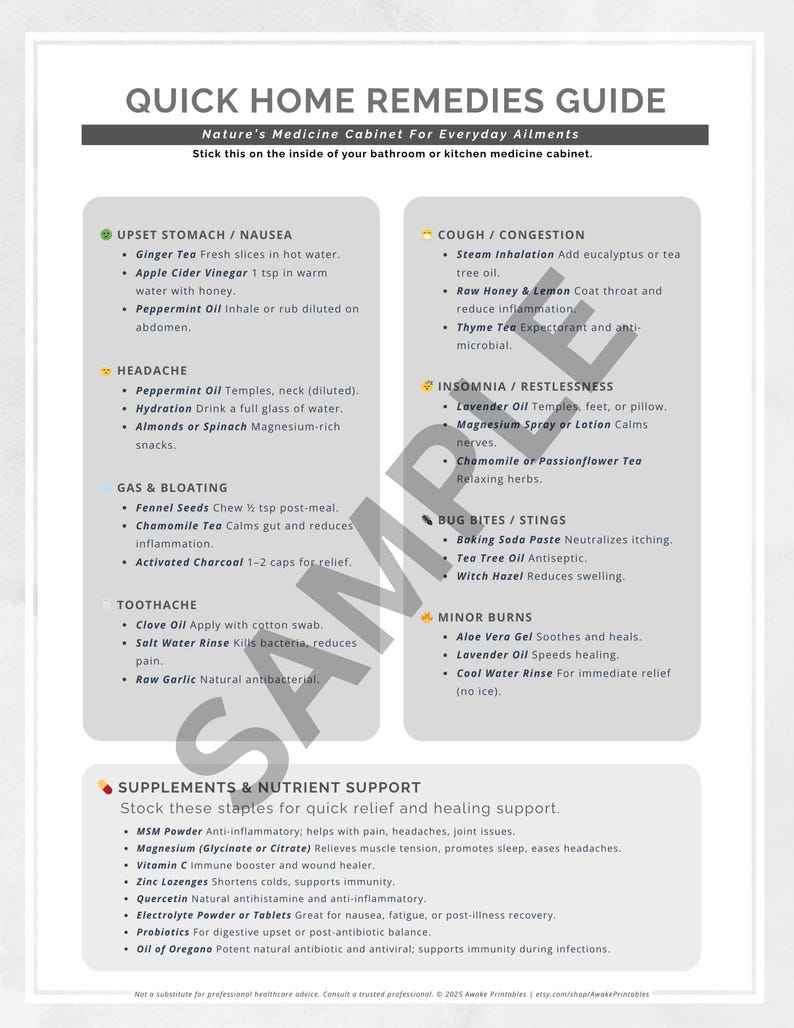 Quick Home Remedies Guide | Printable Natural Medicine Cabinet Tipsheet ...