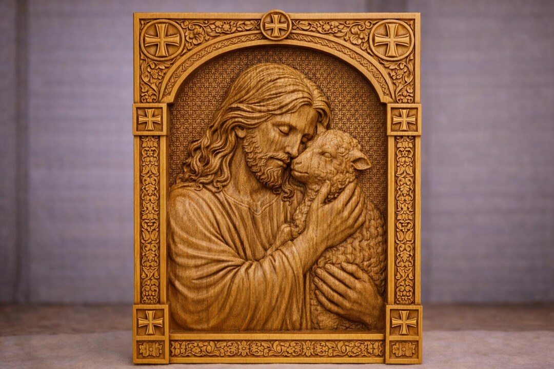 Hand-carved Wooden Relief of Christ Jesus the Good Shepherd Wall Art ...
