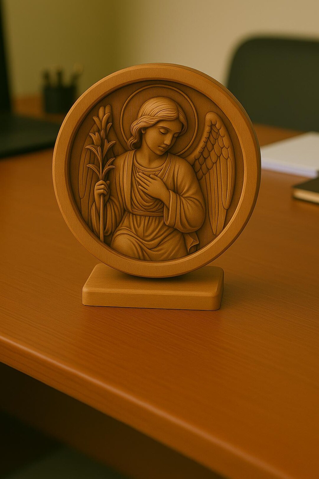 Archangel Gabriel Wooden Plaque – Hand Carved Angel With Lily ...