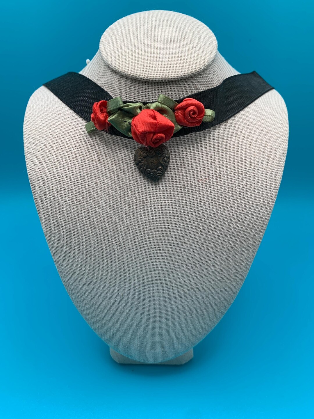 Ribbon Rose Choker – Handmade Black Choker With Fabric Roses & Heart ...