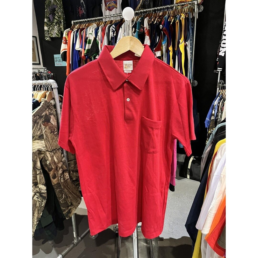 Vintage 70s Beacon Hill Polo Shirt Solid Red Wing Tip Collar New With ...