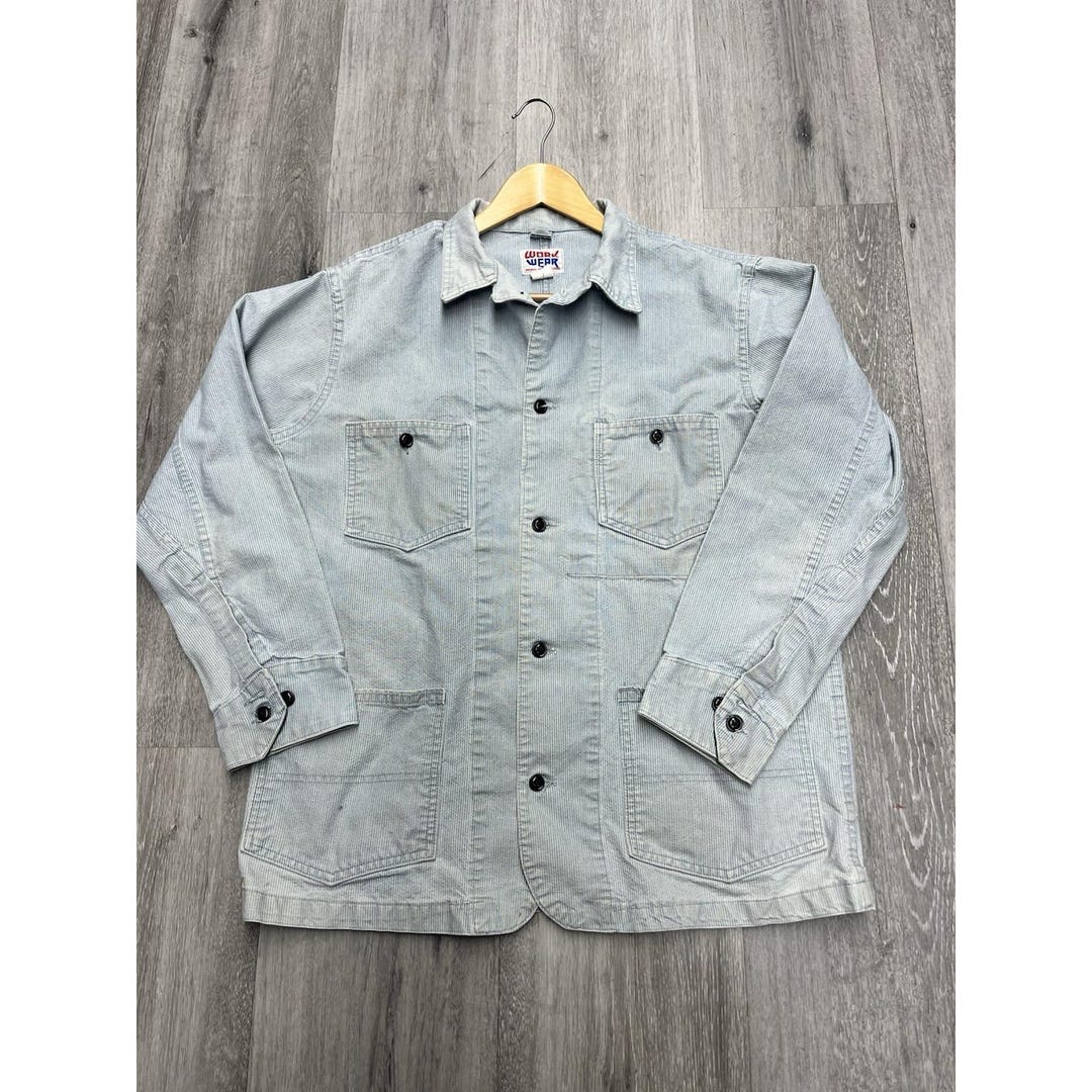 Vintage 80s Work Wear Blue Pin Striped Carpenter Chore Jacket Size L/XL ...
