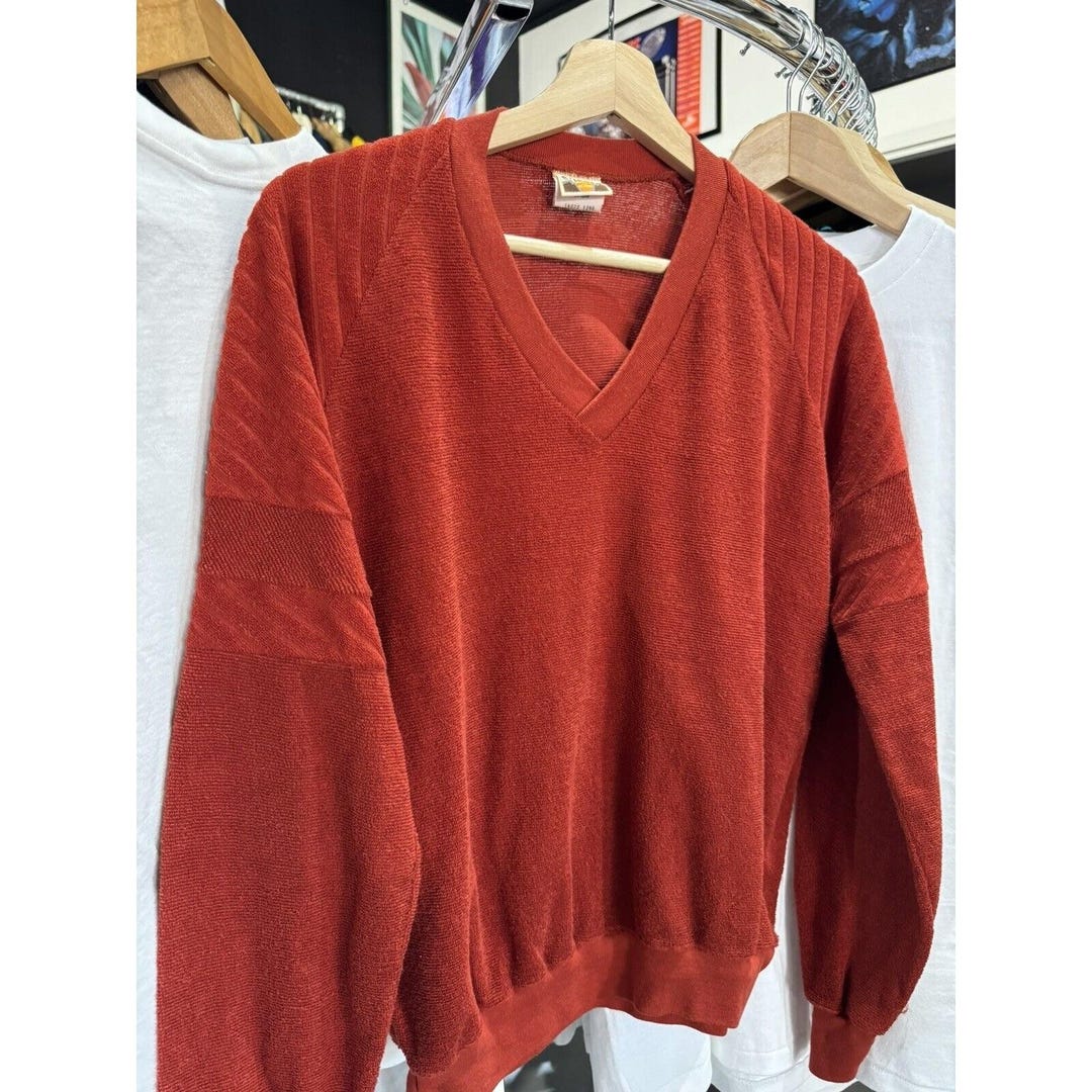 1970s Encino Shirts Terry Cloth Burnt Orange V Neck Sweater Size M ...