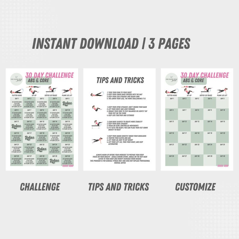 Monthly Challenge Abs and Core: Home Workout PDF (sage Green) - Etsy