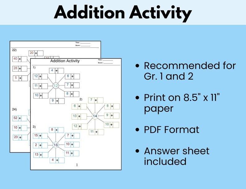 Math Addition Practice Worksheet for Grade 1 and 2 - Etsy