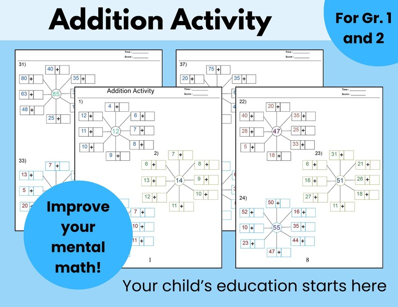 Math Addition Practice Worksheet for Grade 1 and 2 - Etsy