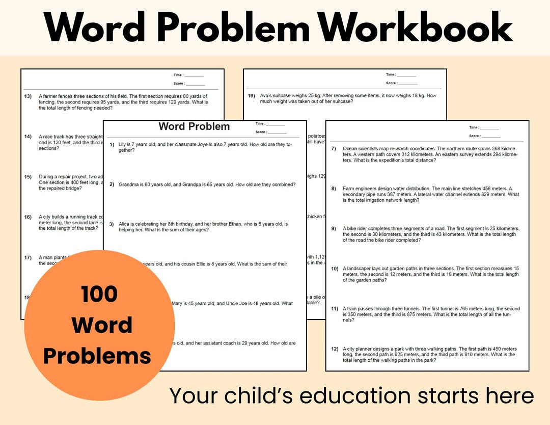 Math Word Problem Practice Work Sheet for Grade 1 and 2 Students - Etsy