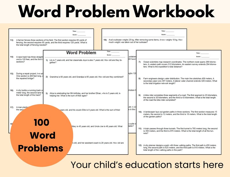 Math Word Problem Practice Work Sheet for Grade 1 and 2 Students - Etsy