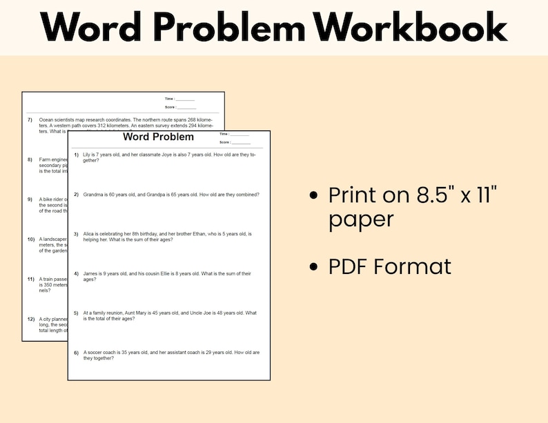 Math Word Problem Practice Work Sheet for Grade 1 and 2 Students - Etsy