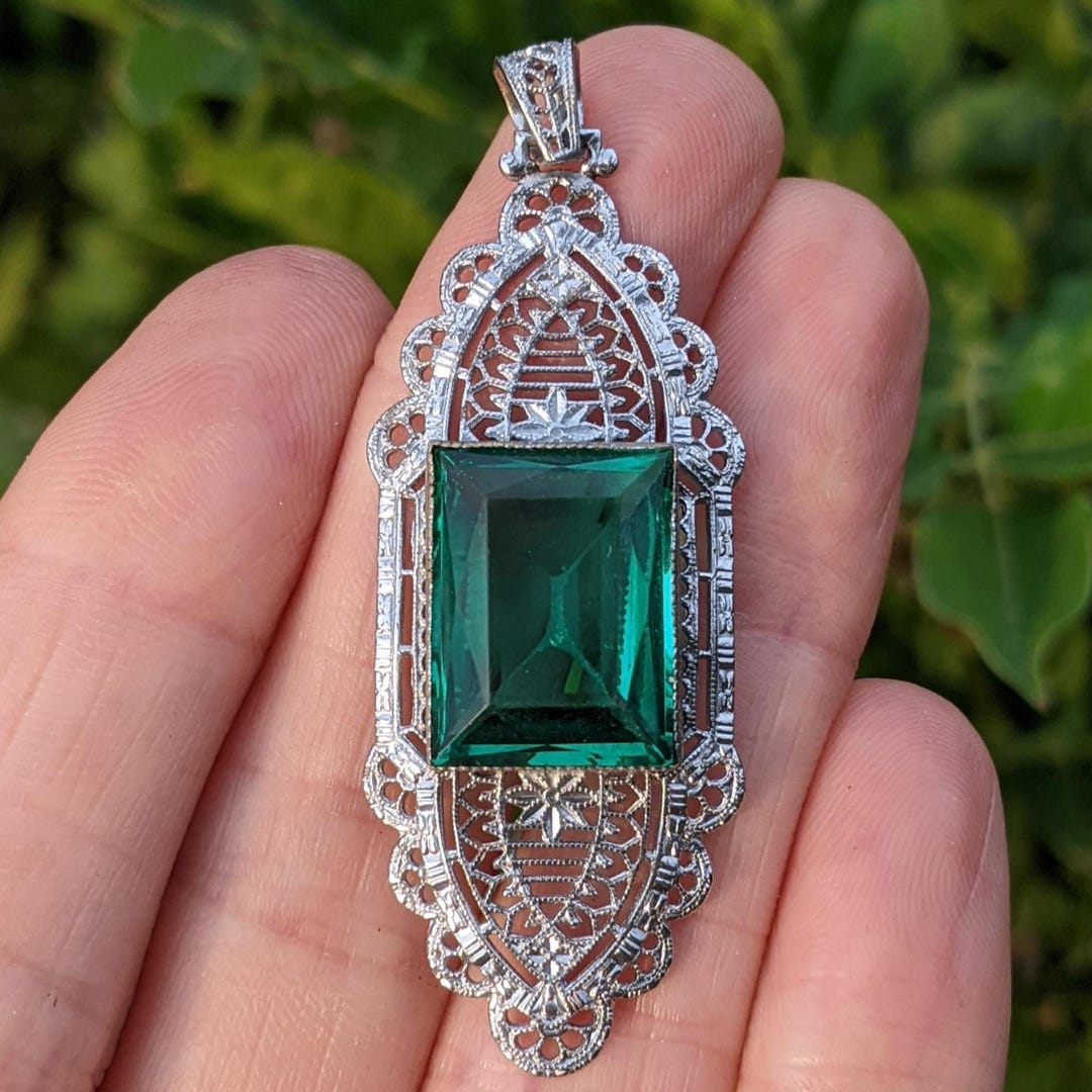 Antique Emerald and Silver Filigree Estate Pendant 2.25” Collector's ...