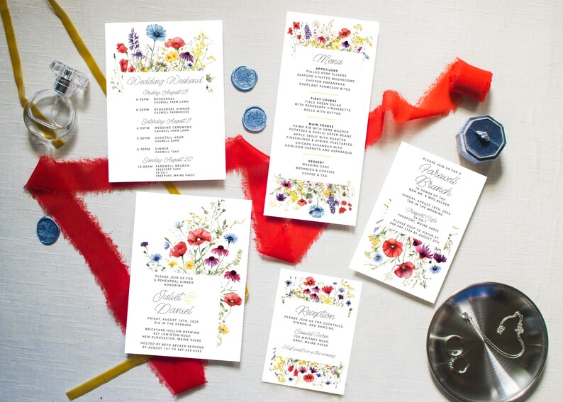 Editable Wildflower Wedding Invitation Extras Template Set, Itinerary ...