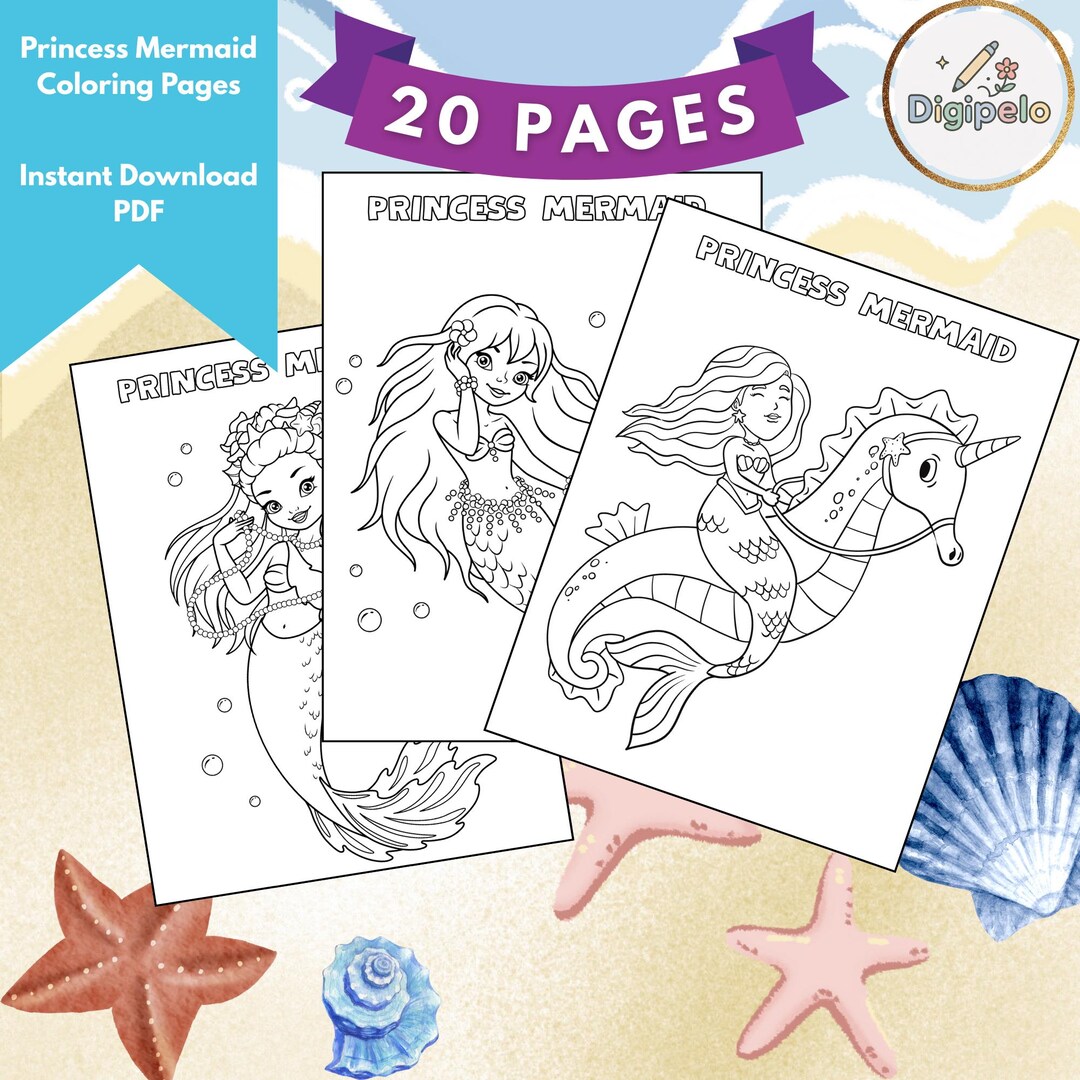 Princess Mermaid Coloring Pages | 20 Printable Sheets | Digital ...