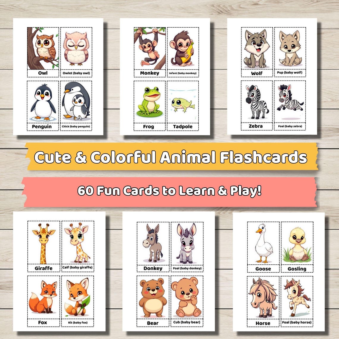 Animal Flash Cards for Toddlers – 60 Printable Kids Learning Cards ...
