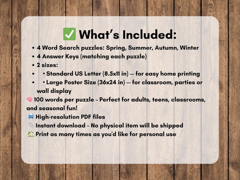 Four Seasons Word Search Bundle Printable | Spring Summer Fall Winter ...