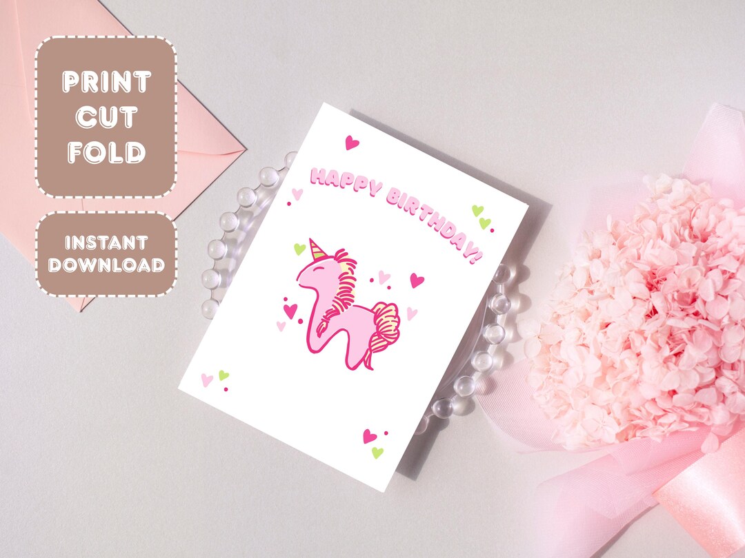 Printable Unicorn Birthday Card, Pink Happy Birthday Card, Girls ...