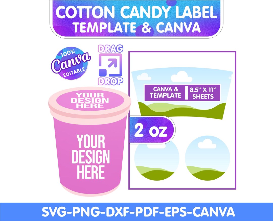 Cotton Candy Label Template: 2oz Party Favor, Editable Canva Design ...