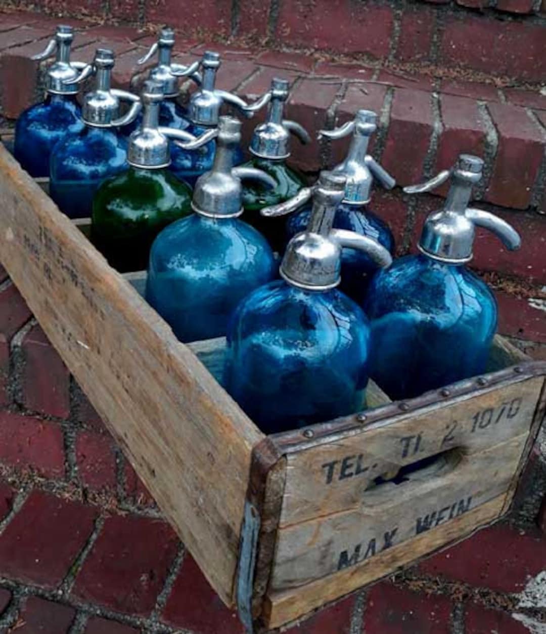 Colorful Case of Ten Beautiful Vintage Seltzer Bottles in an Original ...