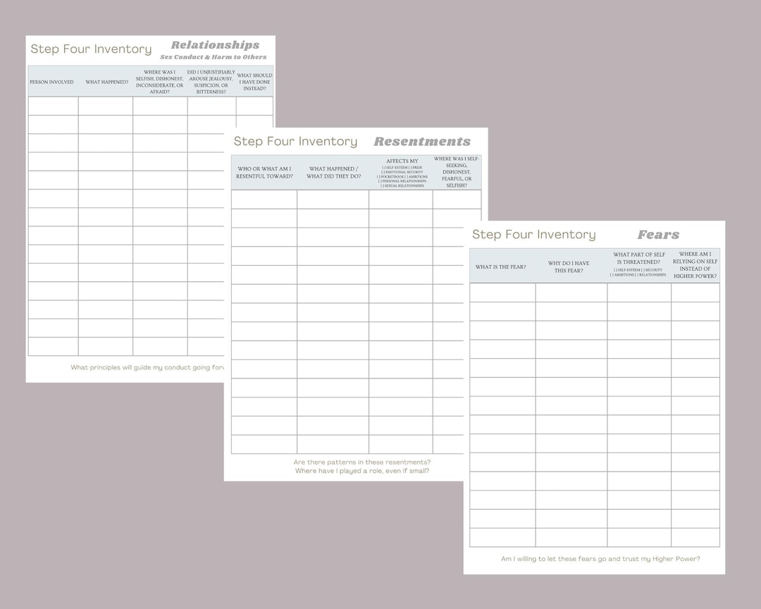 AA Step Four Inventory Printable Worksheets | Resentments, Fears ...