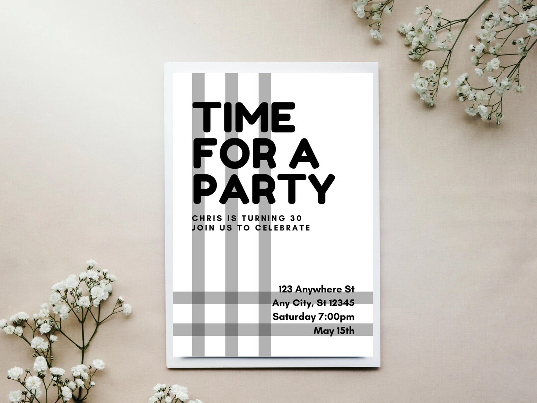 Minimalist Party Invitation Template: Black & White, Editable (digital ...
