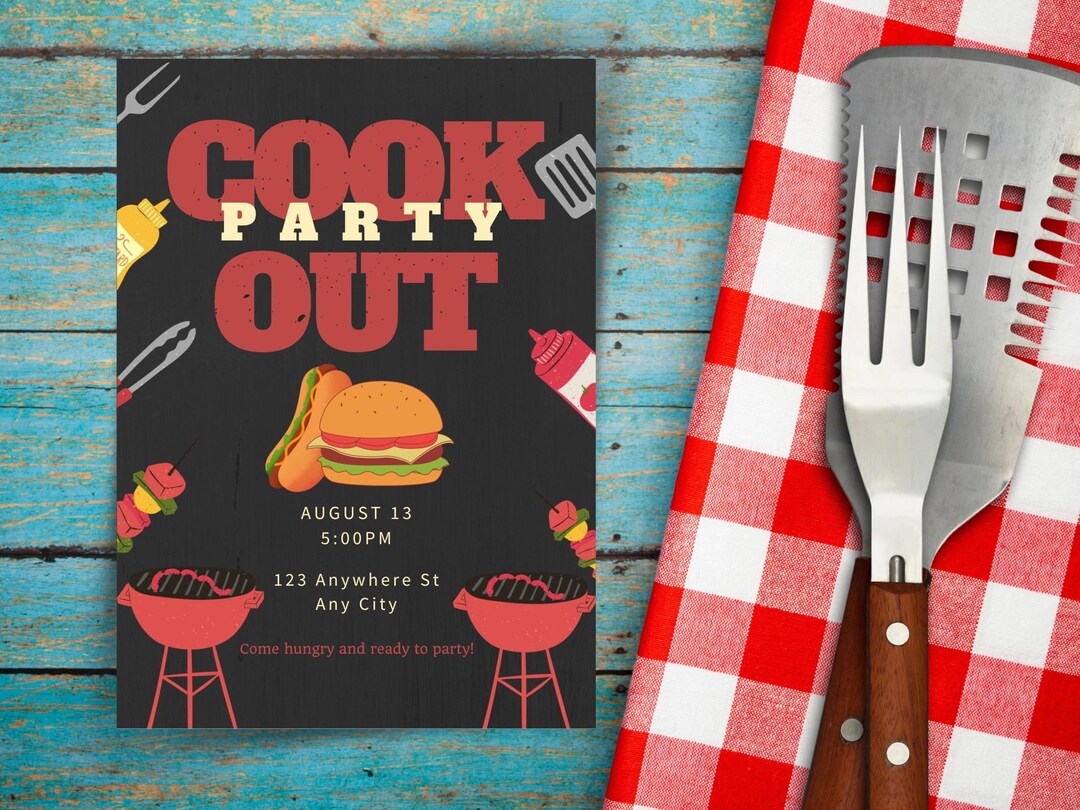Editable Cookout Party Invitation: Black and Red BBQ Grill (digital ...