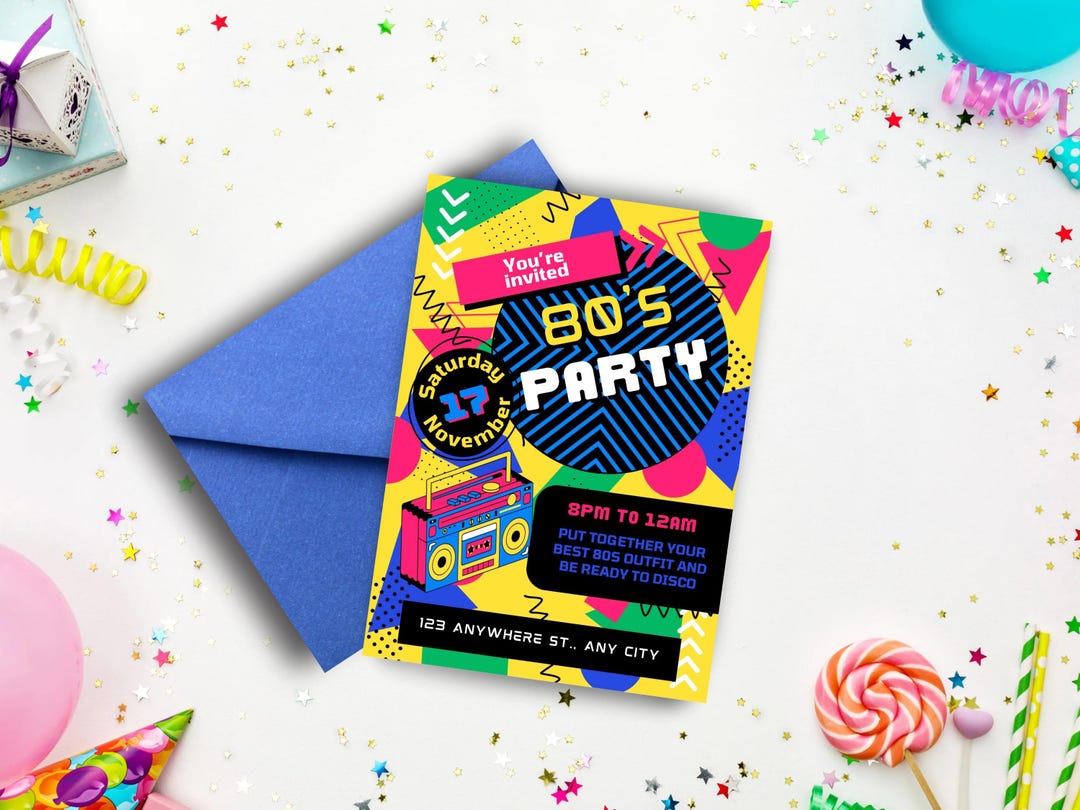 Bright 80s Party Invitation Template | Editable Retro Neon Party Invite ...