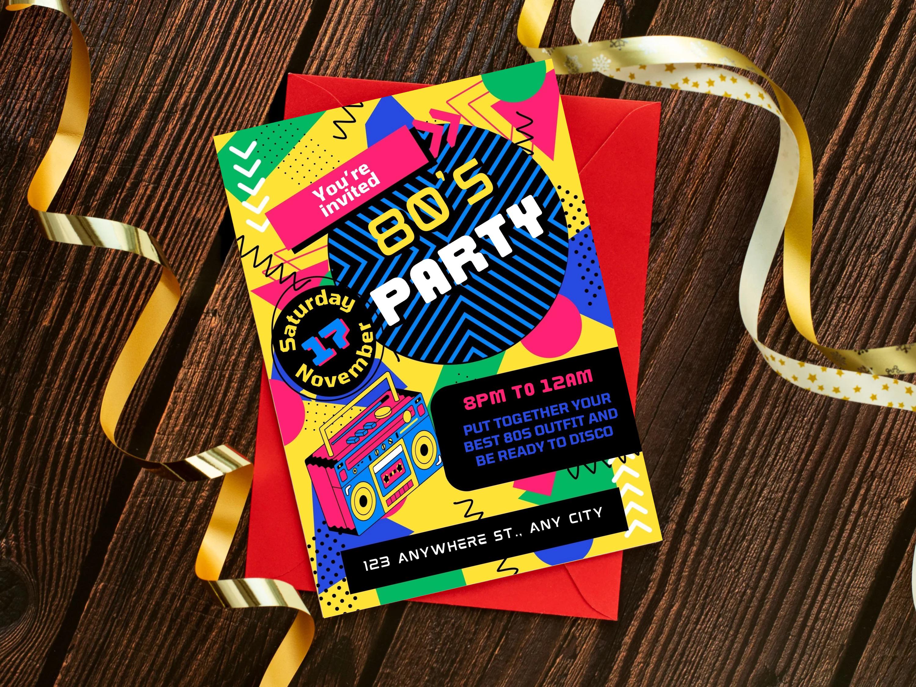 Bright 80s Party Invitation Template | Editable Retro Neon Party Invite ...