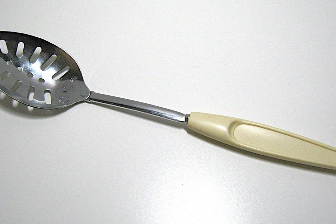 Vintage - Foley - Slotted Serving Spoon W/ivory Plastic Handle - Chrome ...