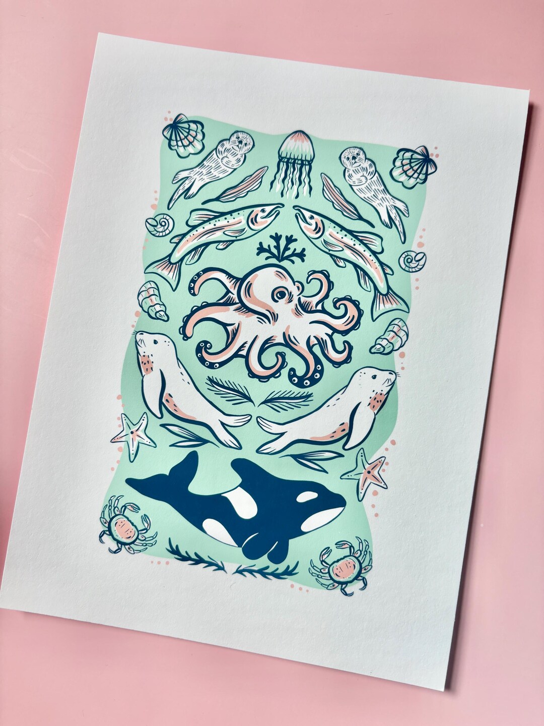 Marine Animal Print, Pacific Northwest Sea Creatures, Orca Art, Octopus ...