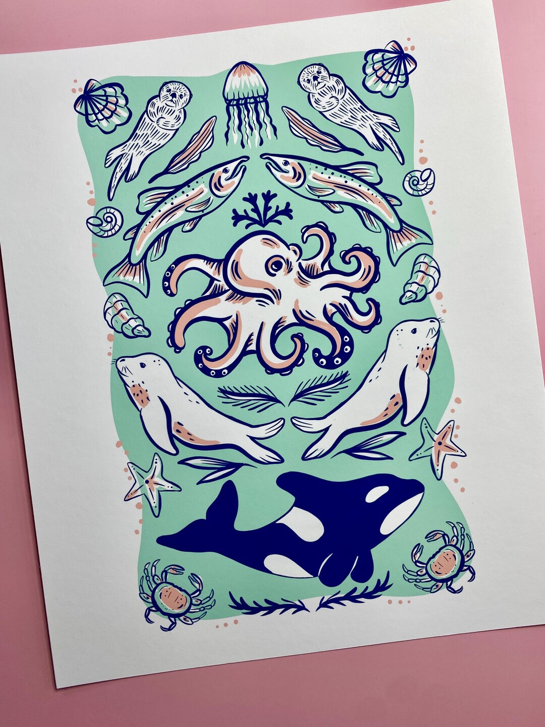 Marine Animal Print, Pacific Northwest Sea Creatures, Orca Art, Octopus ...