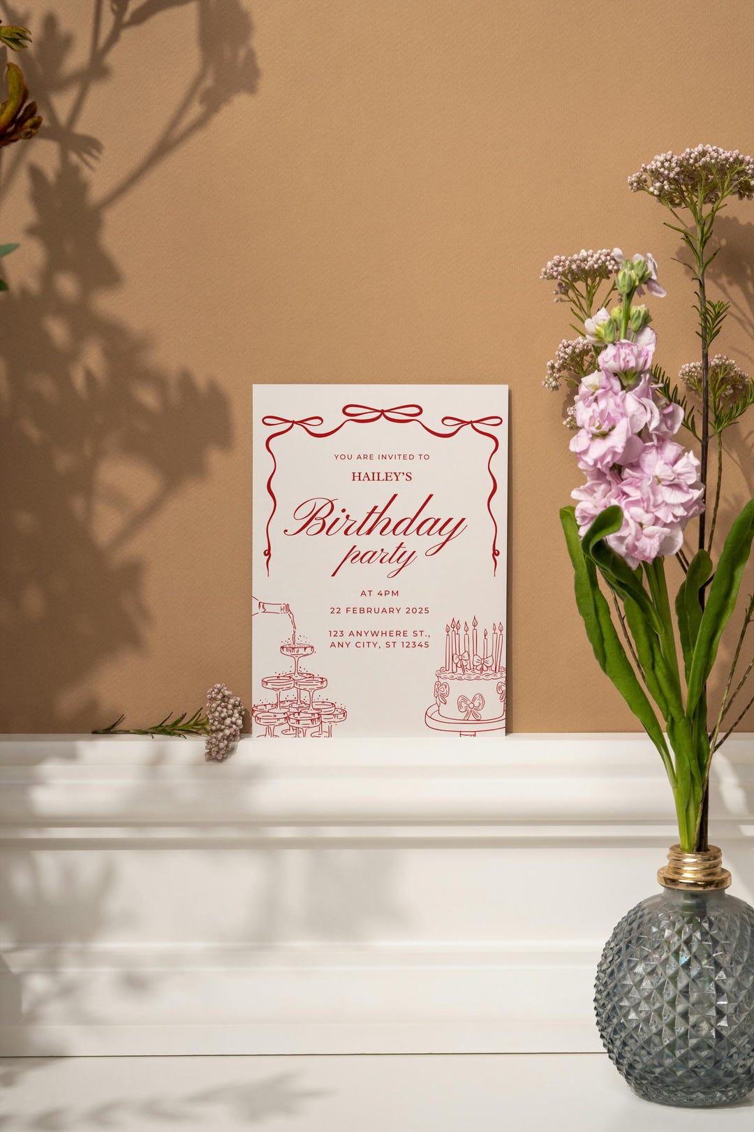 Elegant Red Birthday Invitation Template: Beige Printable Card (digital ...