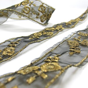 2 Yards 13/16 Inch Gold Thread Embroidered Floral Ribbon Trim, Chiffon ...