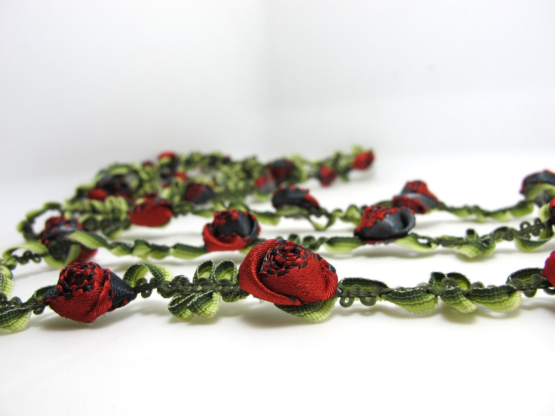 2 Yards Woven Rococo Ribbon Trim With Rose Flower Budsdecorative Floral ...