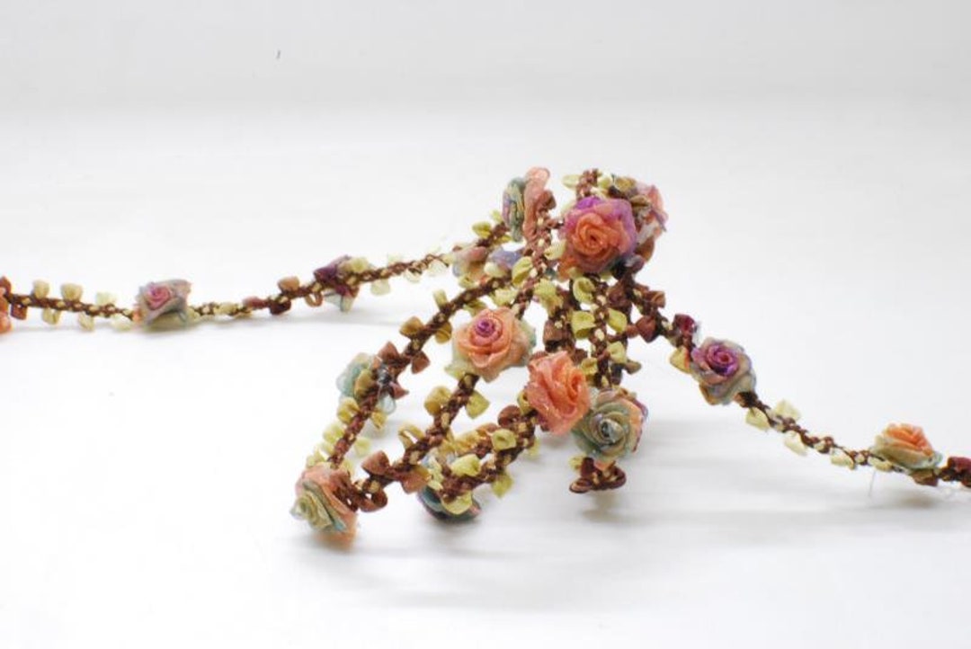2 Yards Woven Rococo Ribbon Trim With Rose Flower Budsdecorative Floral ...