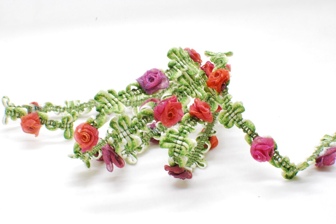 2 Yards Woven Rococo Ribbon Trim With Rose Flower Budsdecorative Floral ...