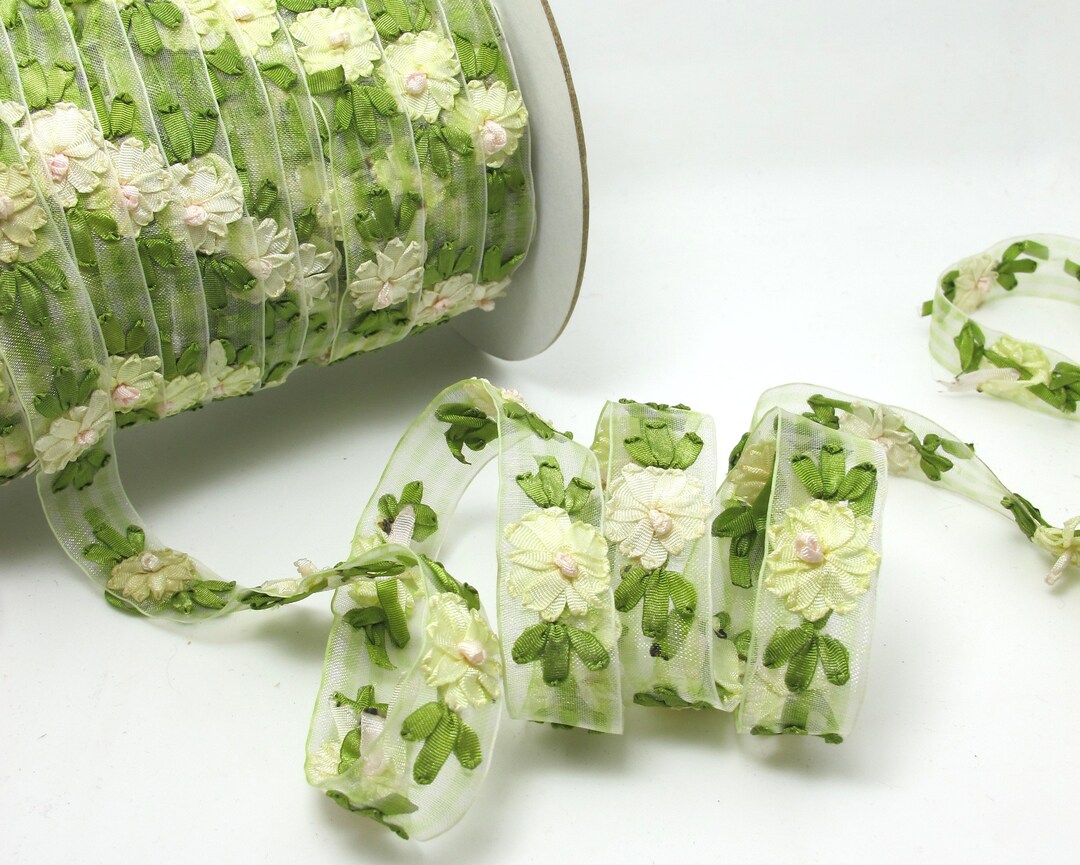 3/4 Inch Embroidered Floral Checkered Ribbon Trim|three Flowers in a ...