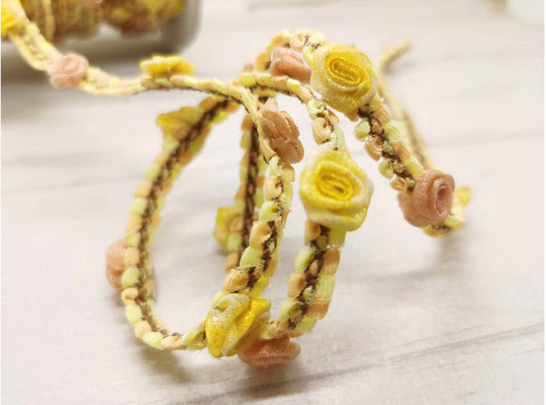 2 Yards Woven Rococo Ribbon Trim With Rose Flower Budsdecorative Floral ...