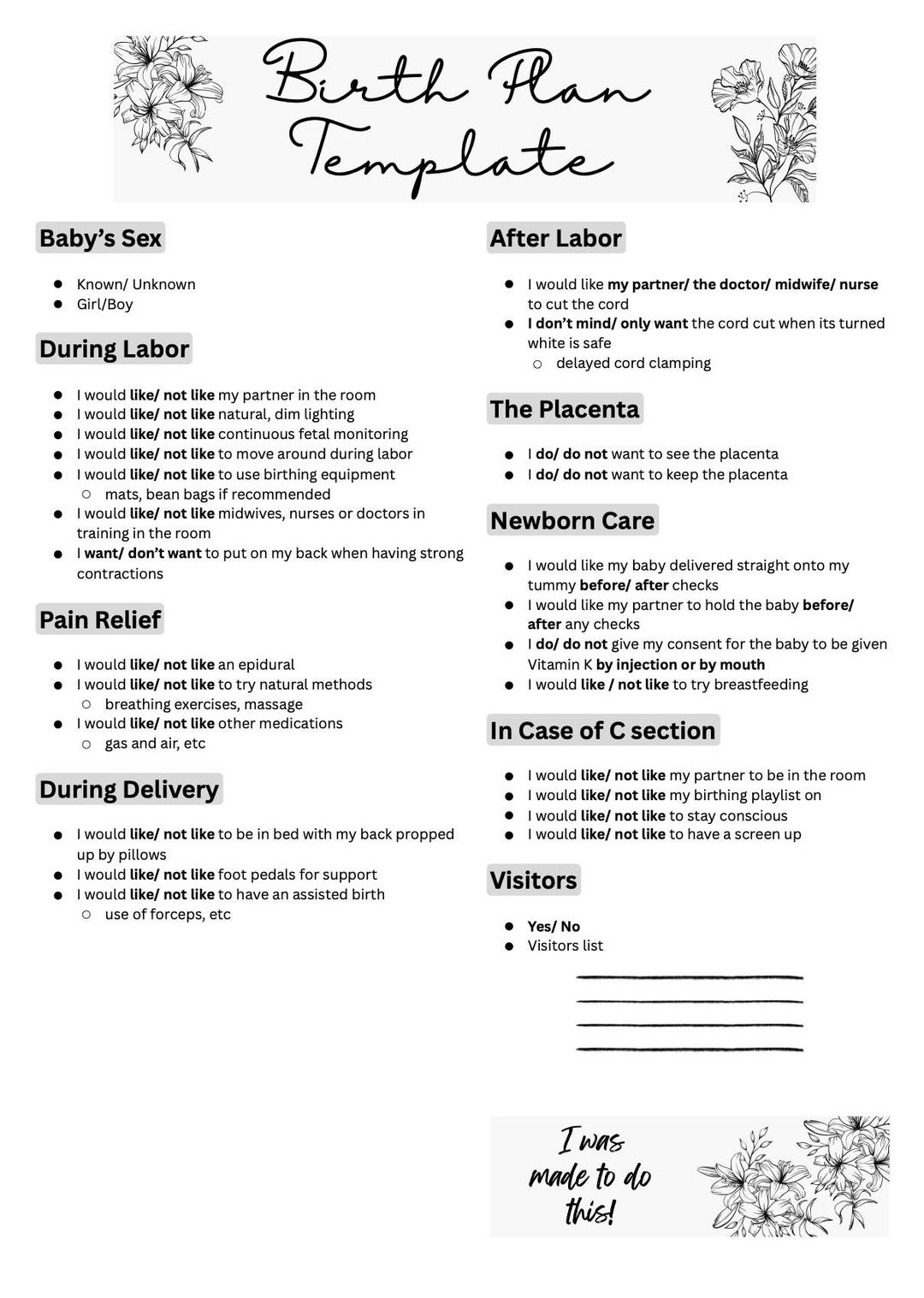 Simple Fillable Birth Plan | Printable PDF Birth Plan Template ...