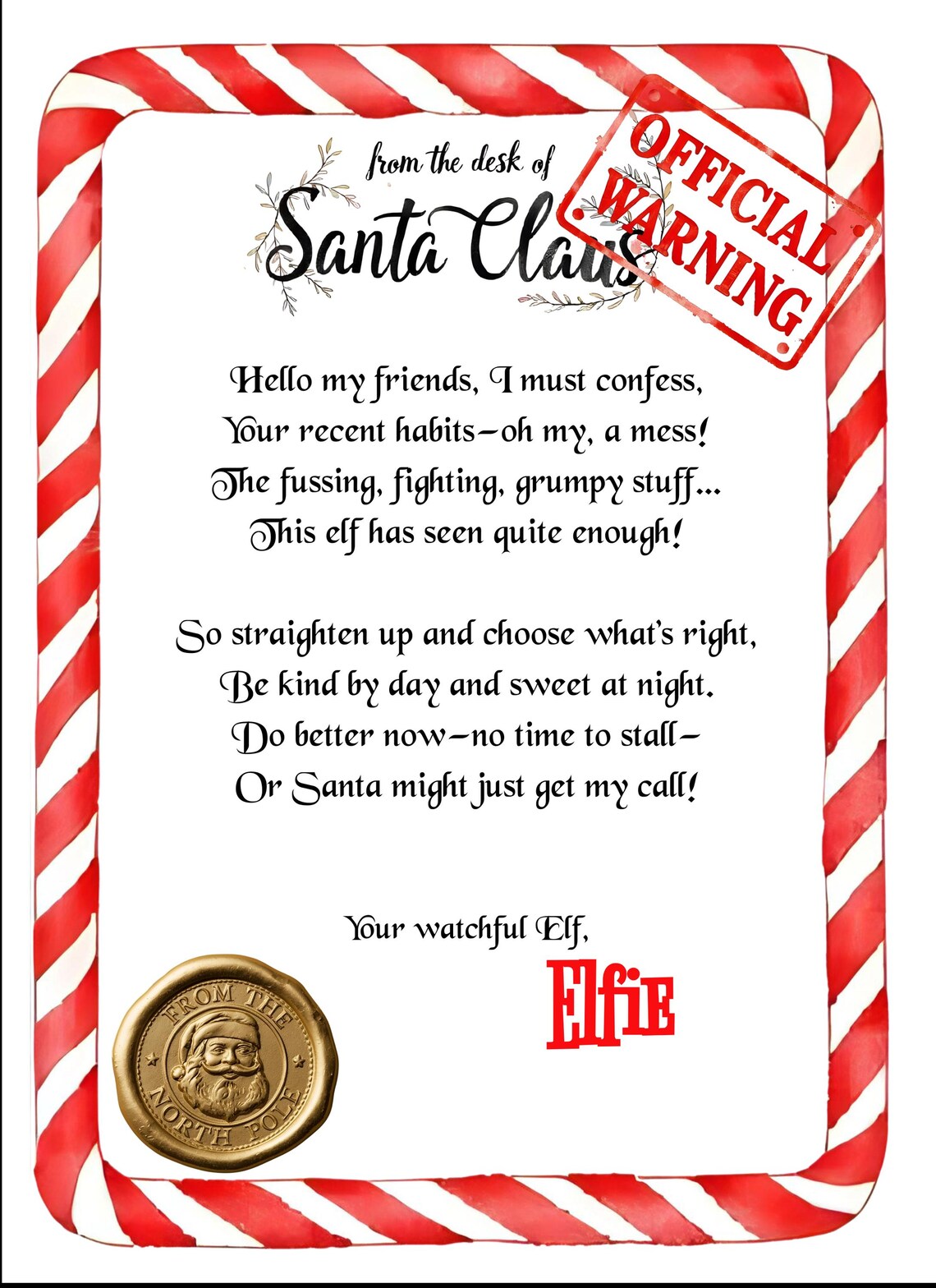 Editable* Bad Behavior Warning Letter From Elf and Santa *digital File ...