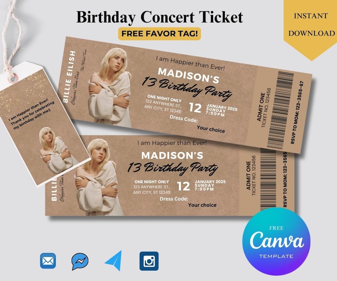 Editable Billie Eilish Birthday Ticket Invitation: Keepsake Concert ...