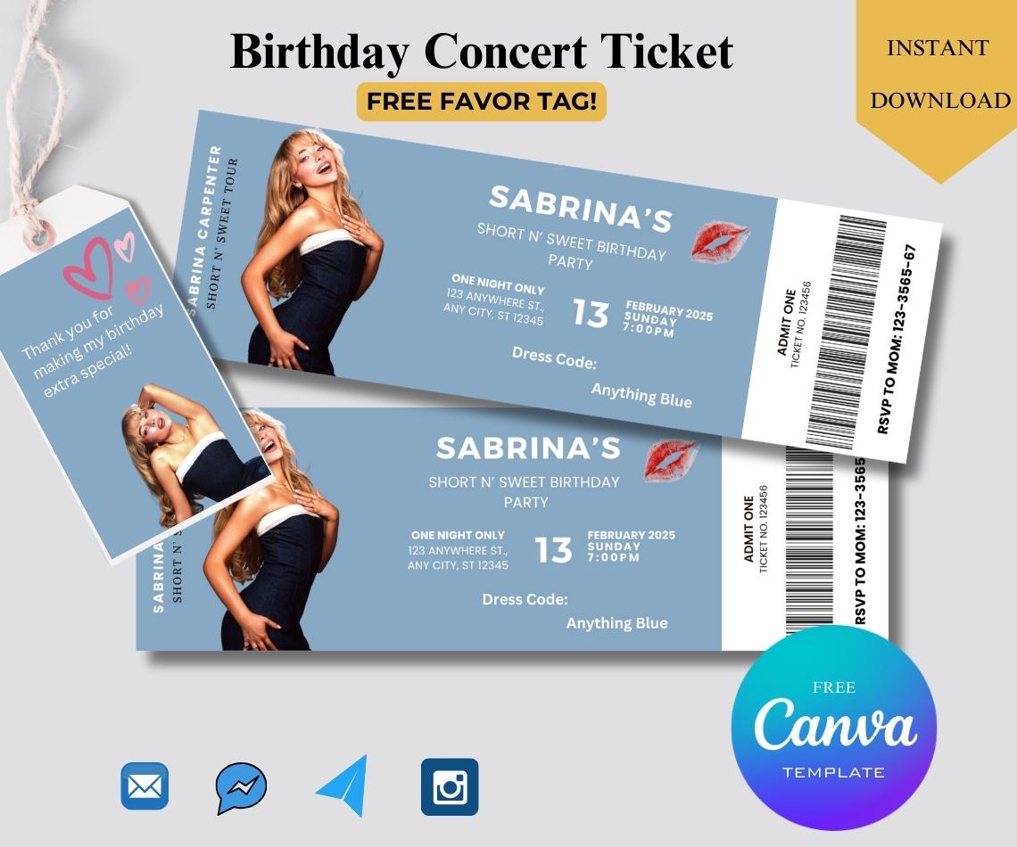 Sabrina Carpenter Birthday Ticket Invitation: Editable Canva Template ...